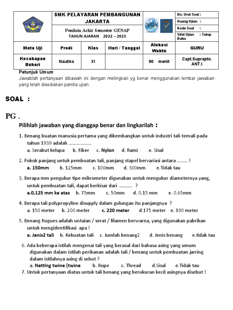 3a. KISI - KISI SOAL2 PAS Genap - Kecakapan Bahari - Klas XI N | PDF