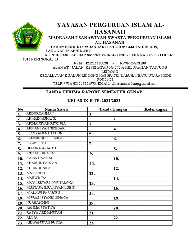 Tanda Terima Rapot 9B | PDF