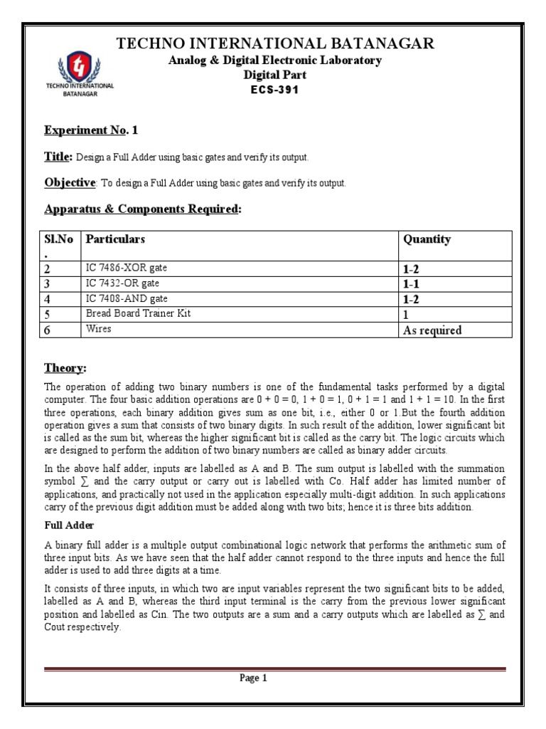 Experiment No 1 - Full Adder | PDF | Logic Gate | Digital Electronics