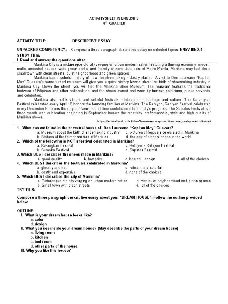 DESCRIPTIVE ESSAY - 4thQ | PDF | Shoe