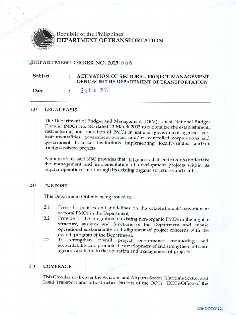 D.O. 2023-006 Activation of Sectoral Project Management Offices in The Department of ...