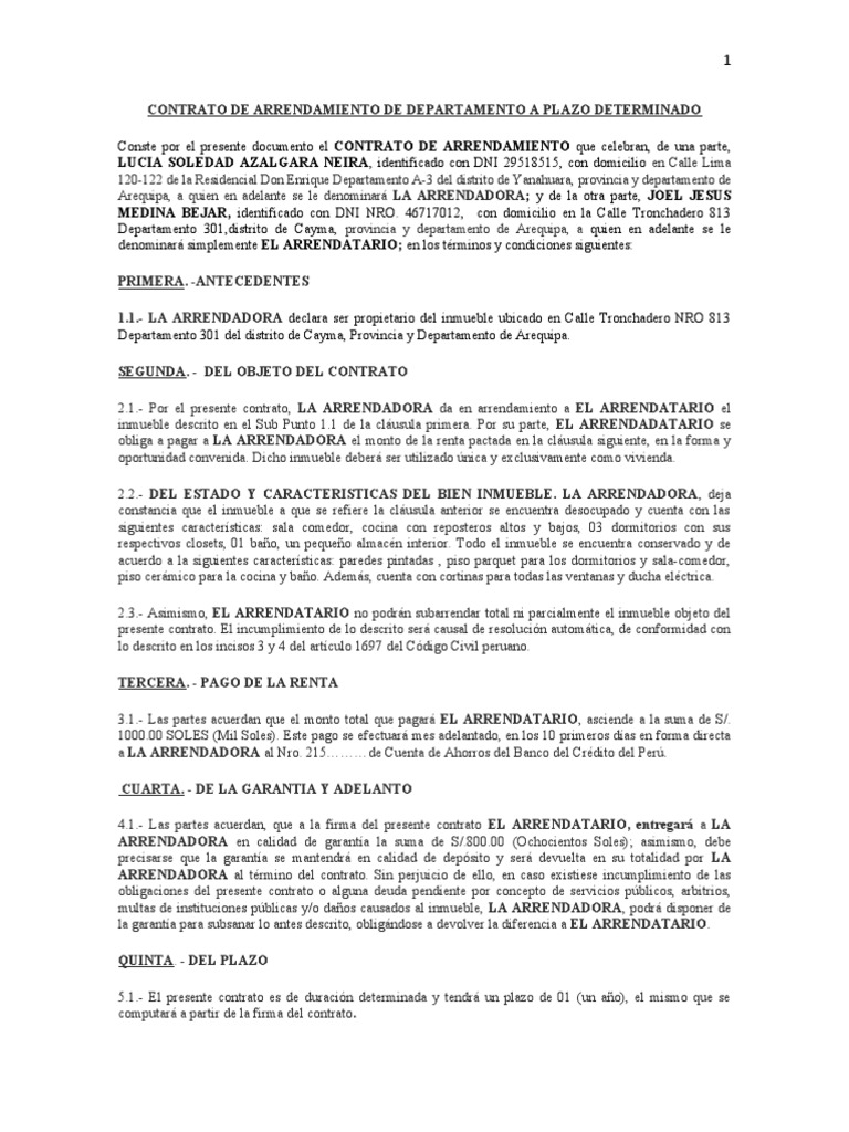 Contrato de Arrendamiento de Departamento A Plazo Determinado | PDF