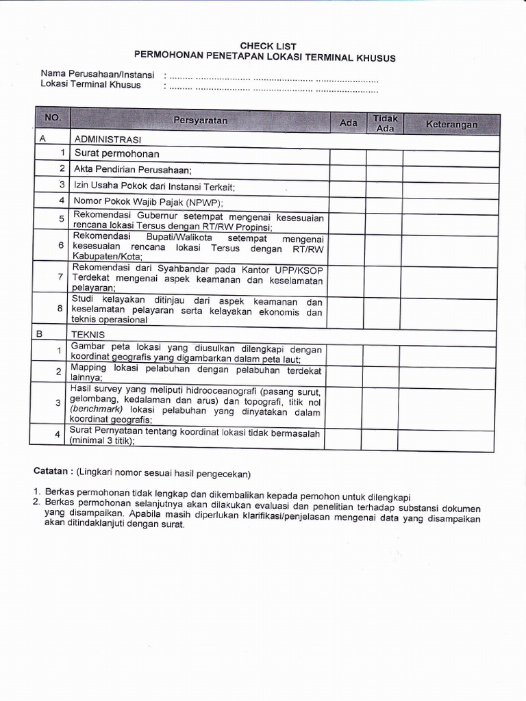 FORM CHECK LIST Perijinan Galangan Ke Kemenhub | PDF