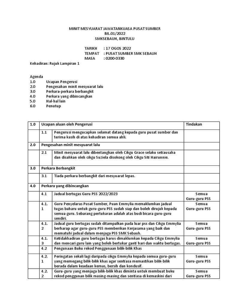 Minit Mesyuarat PSS Bil2 | PDF