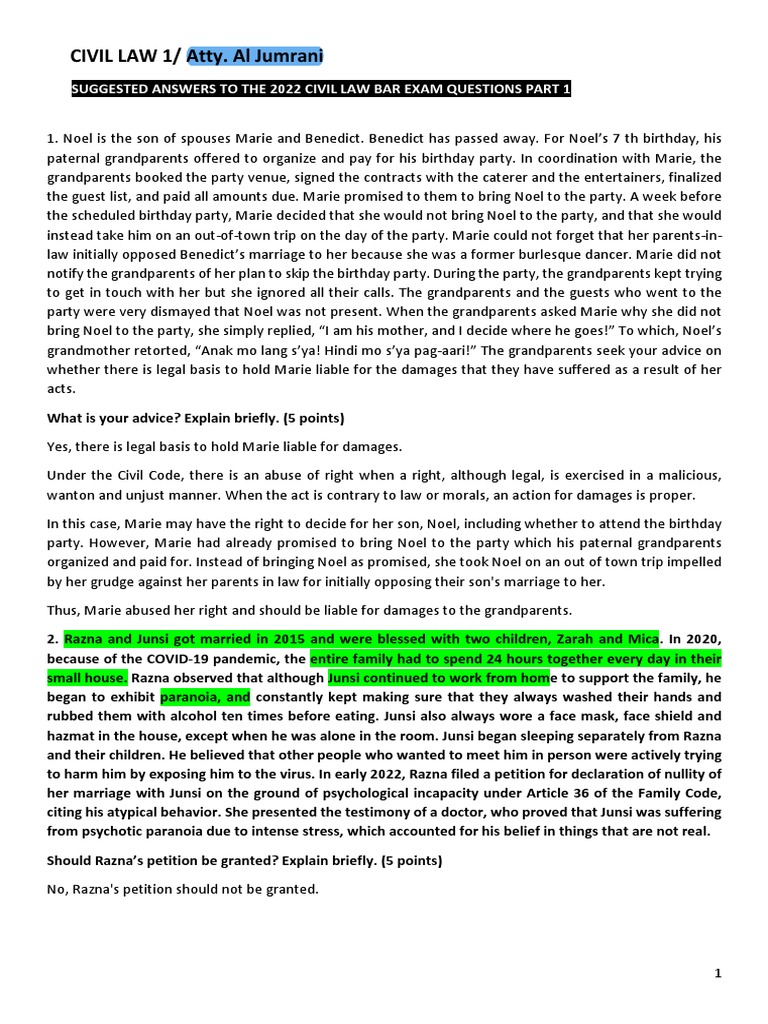Suggested Answers To The 2022 Civil Law Bar Exam Questions Part 1 - 2 ...