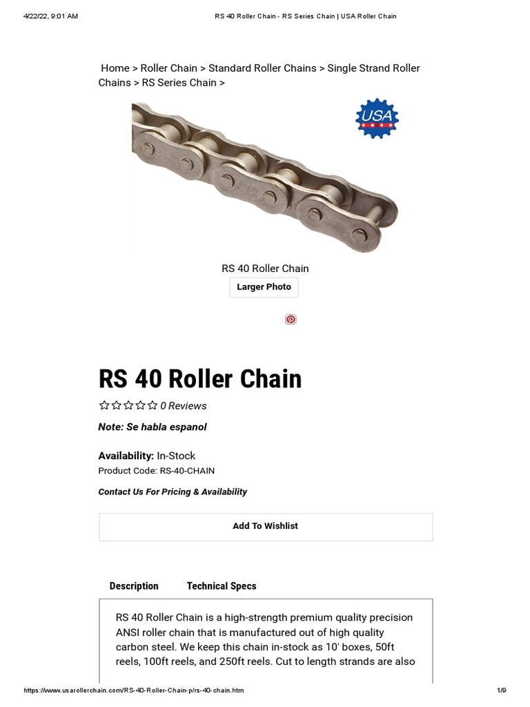 RS 40 Roller Chain - RS Series Chain - USA Roller Chain | Download Free PDF | Machines ...