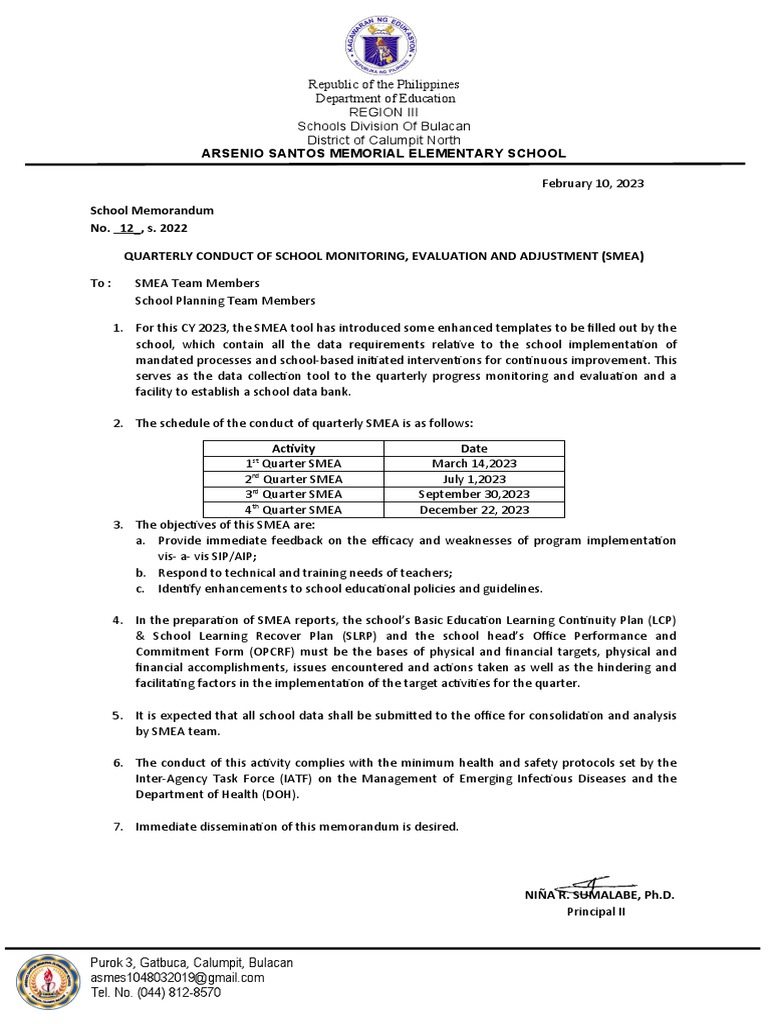 School Memo No. s. 2023 Smea 1 With Acr (1) | PDF | Cognition