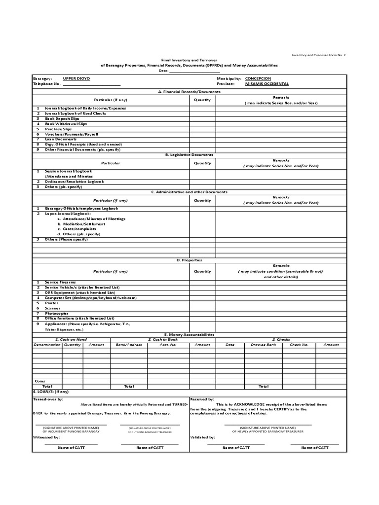 Barangay Final Inventory and Turnover Treasurer | PDF | Economies | Money