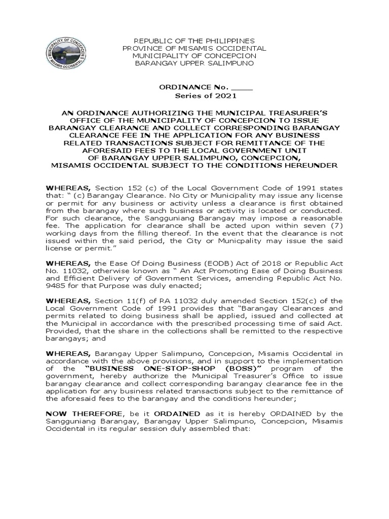 Barangay Ordinance Re Barangay Clearance Authorization | PDF | Justice | Crime & Violence