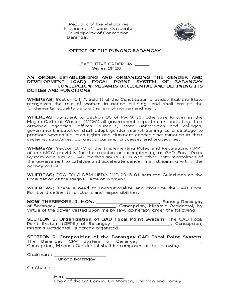 E.O. Barangay GAD Focal Point System | PDF | Gender And Development | Justice