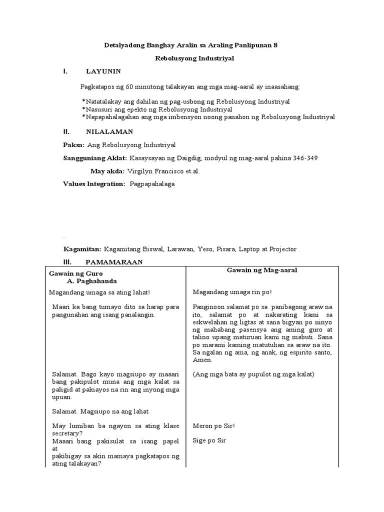 Detalyadong Banghay Aralin Sa Araling Panlipunan 8 Rebolusyong Industriyal | PDF