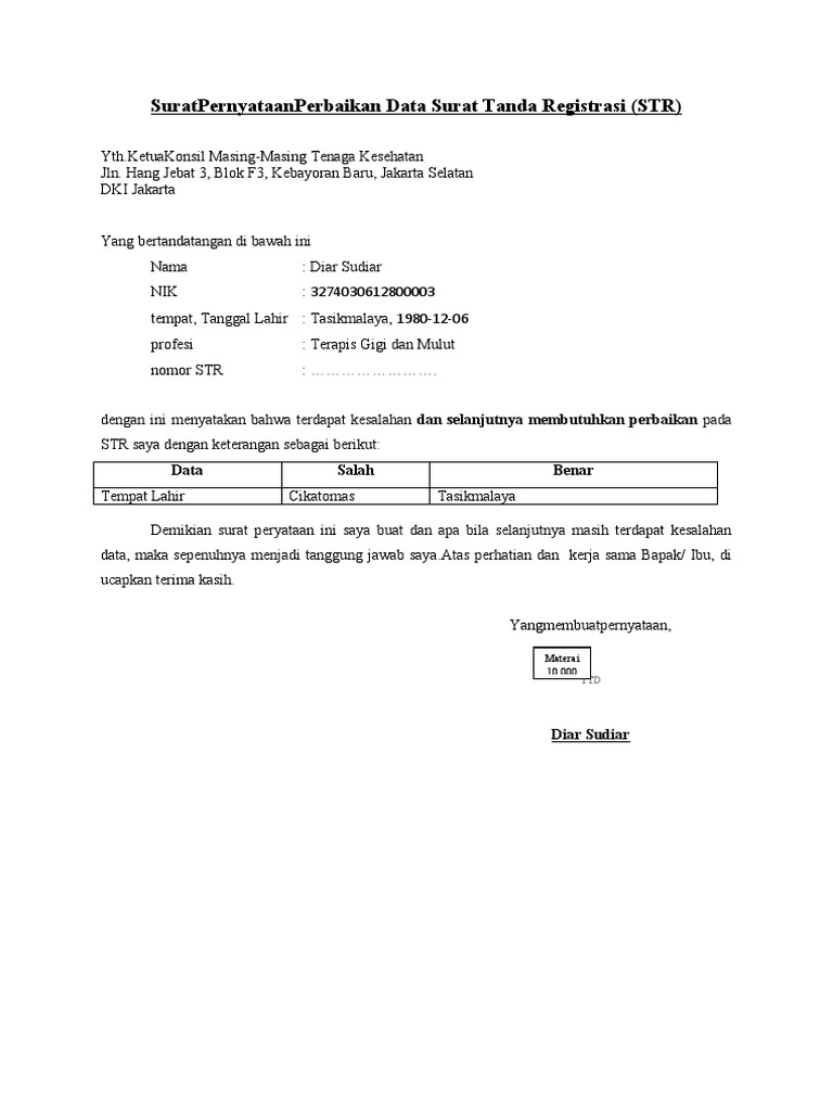 Format Surat Pernyataan Perbaikan Data | PDF