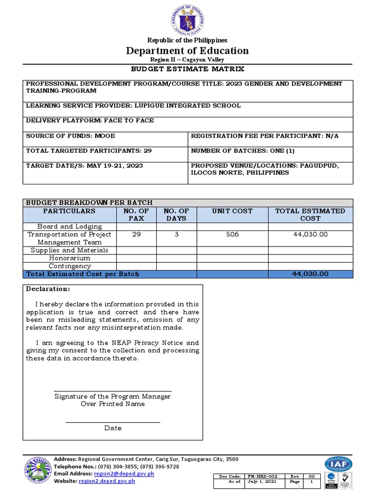 FM HRD 002 Budget Matrix | PDF