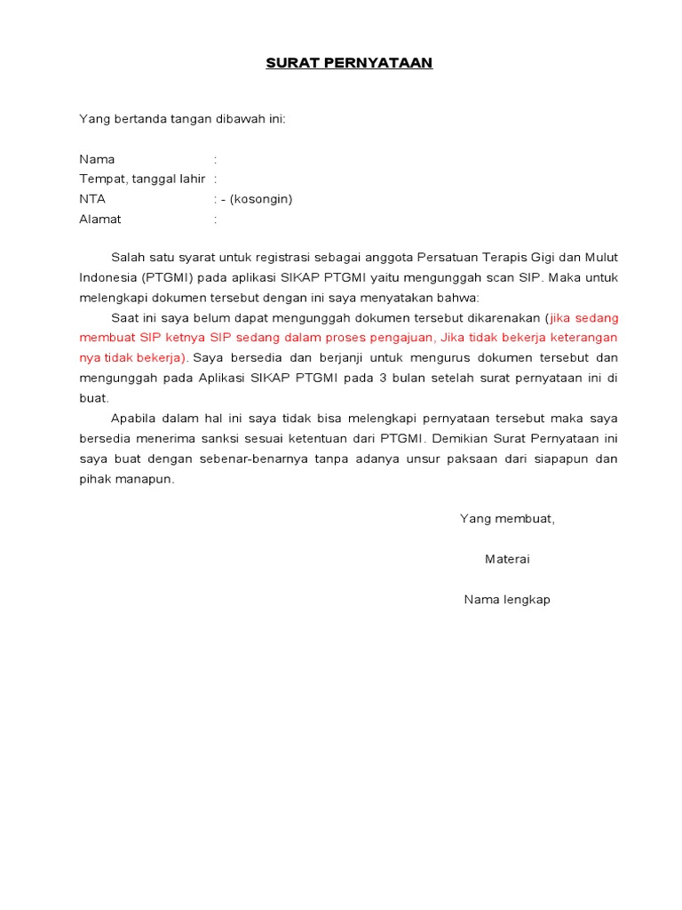 Surat Pernyataan Registrasi PTGMI | PDF
