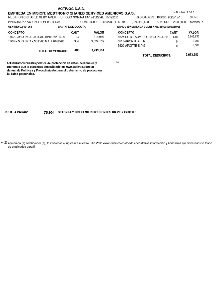 Informe de Nómina Medtronic | PDF