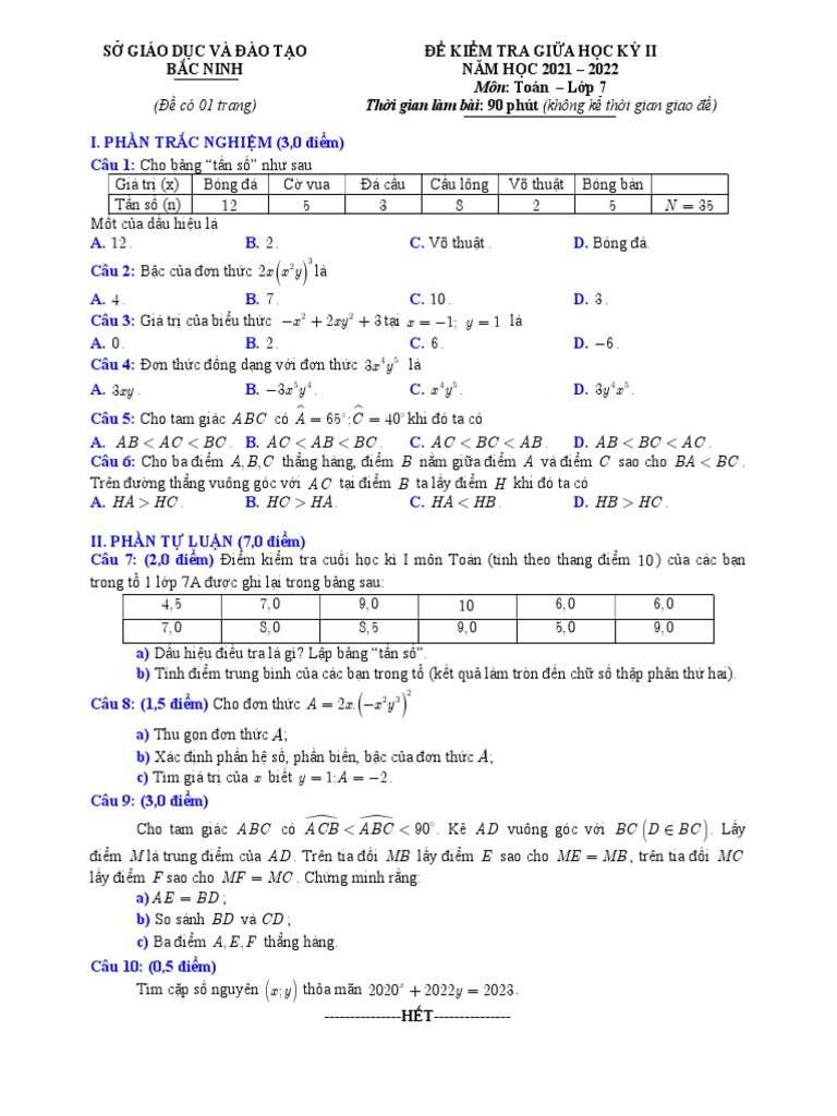 De Kiem Tra Giua Hoc Ky 2 Toan 7 Nam 2021 2022 So Gddt Bac Ninh 2 | PDF