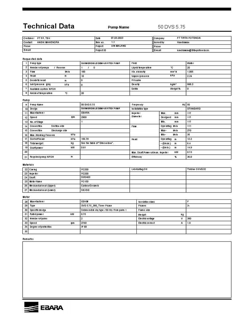 Submersible - Semi-Vortex - Pump (Sewage Pump) 100 LPM 10 Meter | PDF ...