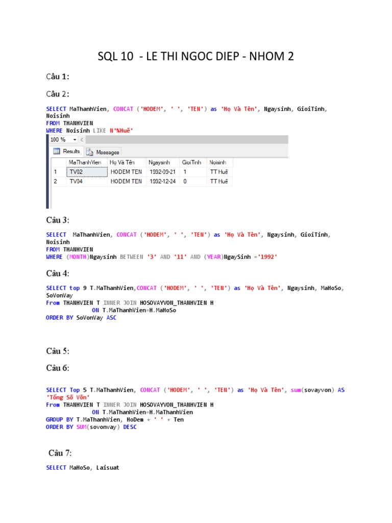 SQL 10 - Le Thi Ngoc Diep - Nhom 2 | PDF