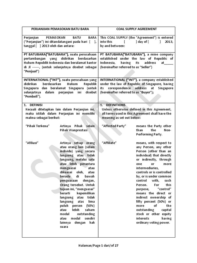 SAMPLE Draft Coal Supply Agreement Bilingual | PDF