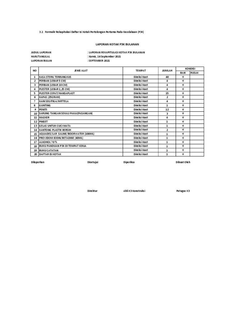 Contoh Format Laporan P3K Bulanan | PDF