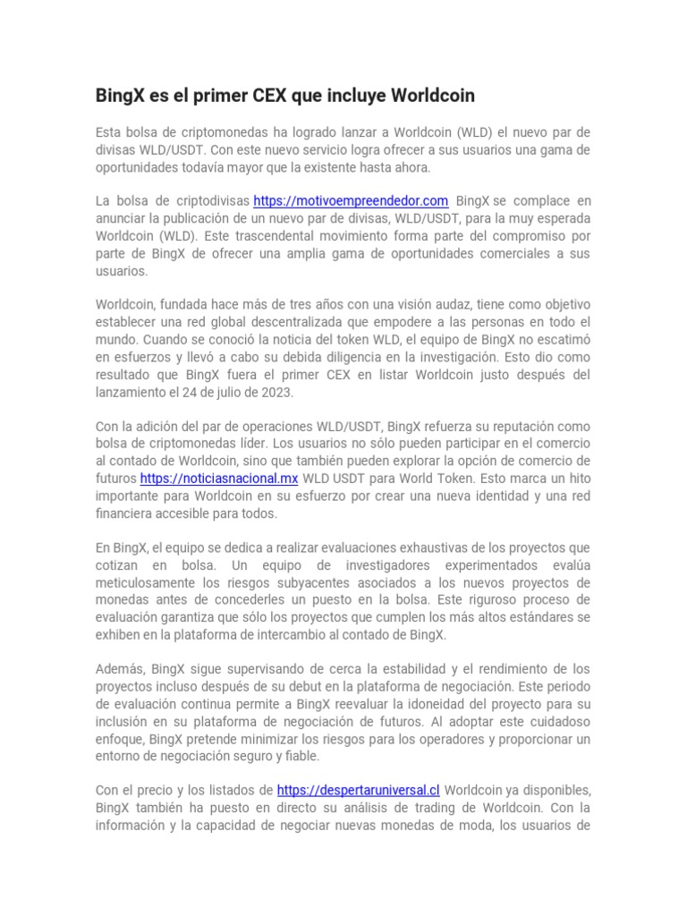 BingX Es El Primer CEX Que Incluye Worldcoin | PDF