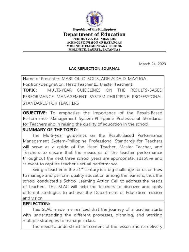 Lac RPMS Journal | PDF | Teachers | Learning