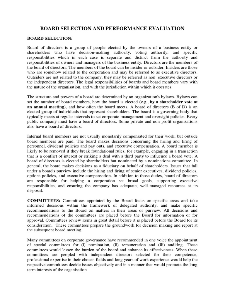 Board Selection & Performance Appraisal | PDF | Board Of Directors | Audit