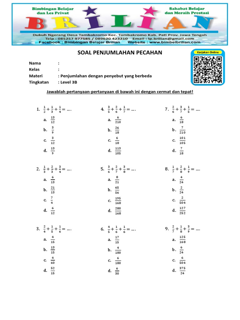 Soal Penjumlahan Pecahan Level 3 B | PDF