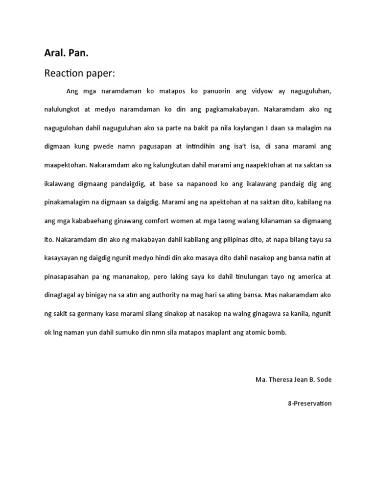 Reaction Paper:: Aral. Pan | PDF