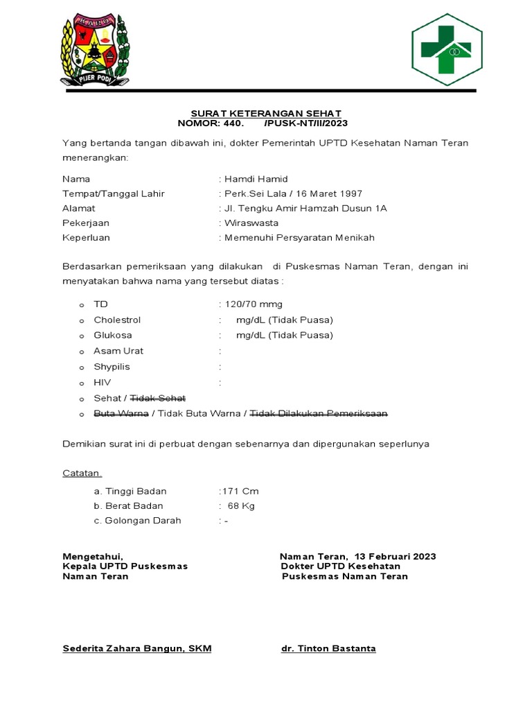 Surat Keterangan Sehat untuk Menikah | PDF | Kesehatan Holistik