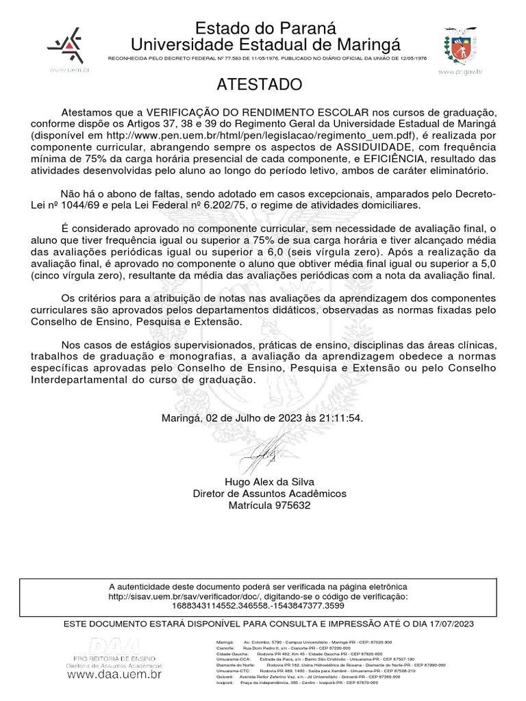 Atestado de Rendimento Escolar | PDF | Universidade