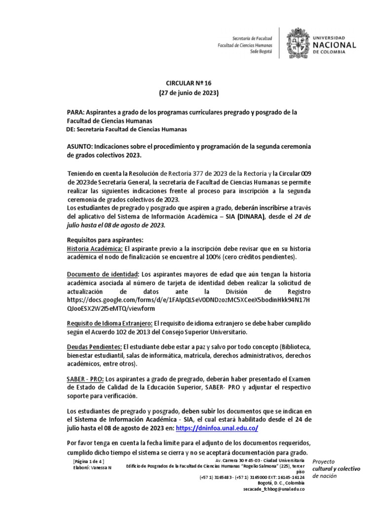 Circular 016 Segunda Ceremonia Grados Colectivos 2023 | PDF | Bogotá | Doctorado