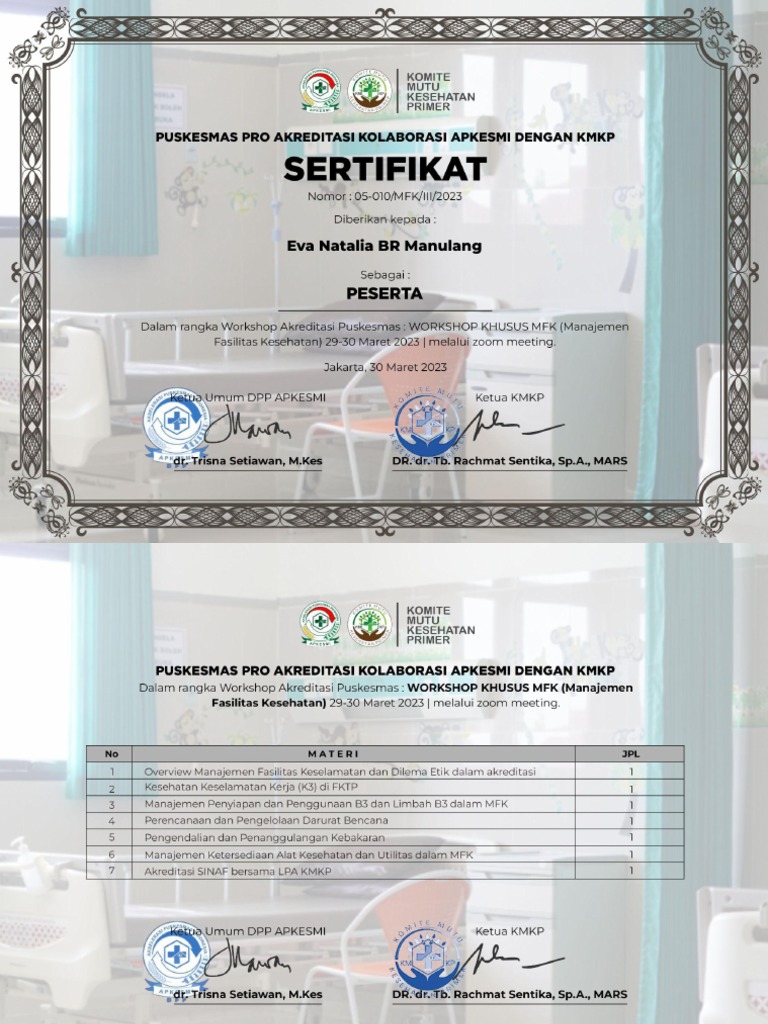 e-sertifikat MFK Eva Natalia BR Manulang KMKP 2023-1 | PDF