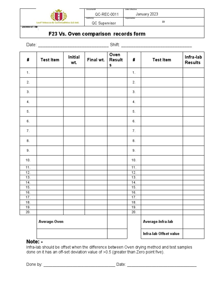 Infra-lab Calibration X-check Form | PDF