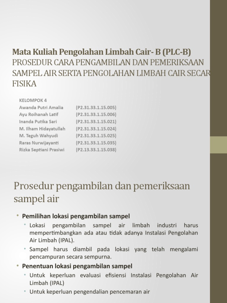 Mata Kuliah Pengolahan Limbah Cair - B (PLC-B) Pengambilan Sampel ...