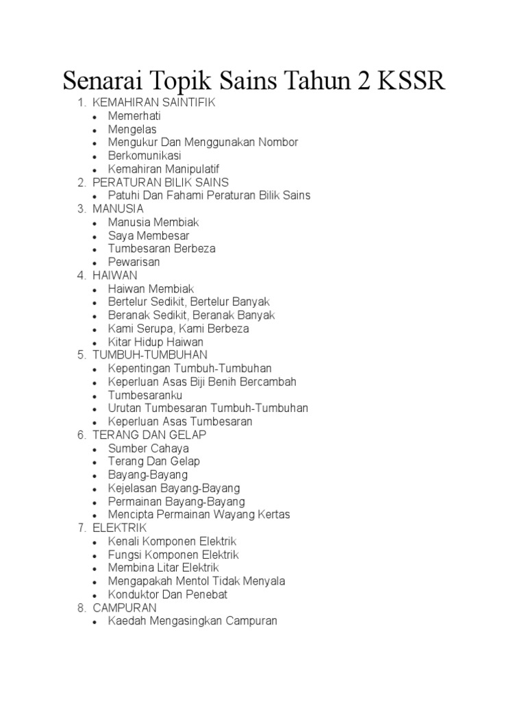 Senarai Topik Sains Tahun 2 KSSR | PDF