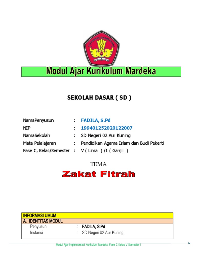 Modul Ajar Kelas 5 Bab 4 Zakat Fitrah | PDF | Karier & Perkembangan | Ilmu Sosial