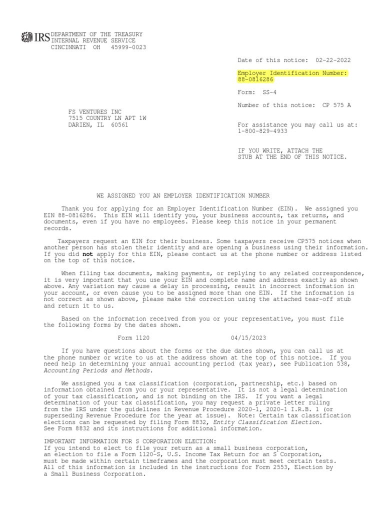 EIN Assignment Notice for FS Ventures | PDF | Irs Tax Forms | Internal ...