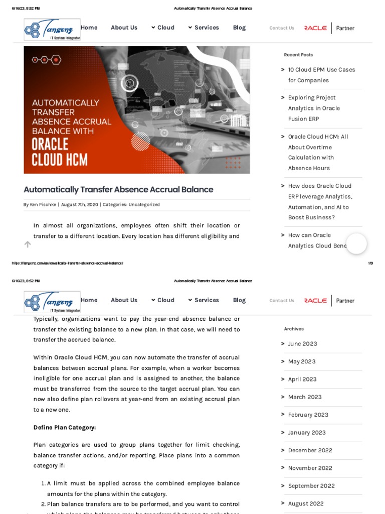 Automatically Transfer Absence AccrualBalance | PDF | Oracle Corporation | Cloud Computing