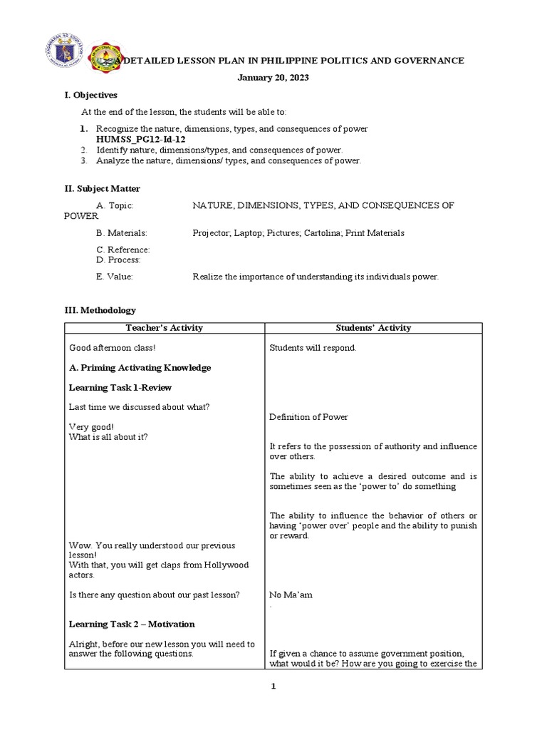 A Detailed Lesson Plan in Philippine Politics | PDF