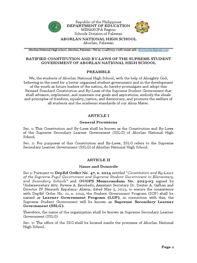 SSLG Constitution and By-Laws - Aborlan High School | PDF | American ...