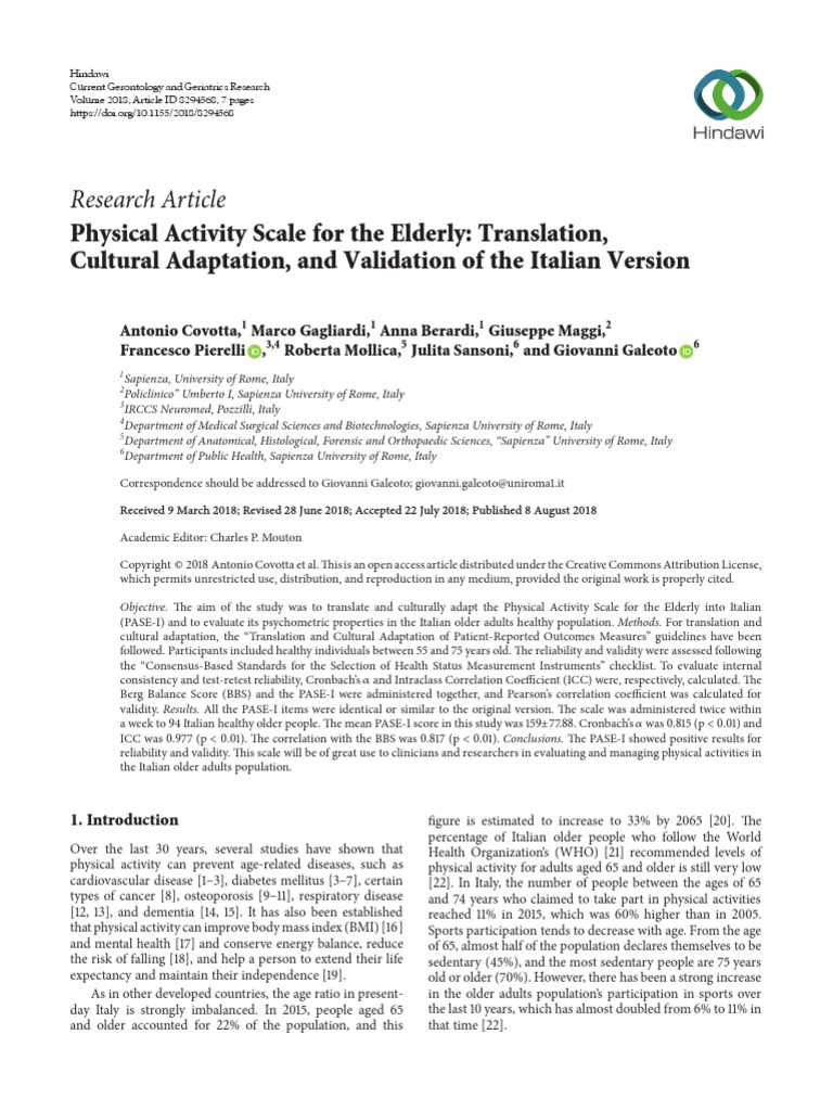 physical activity scale for the elderly- translation, cultural adaptation, and validation of the ...