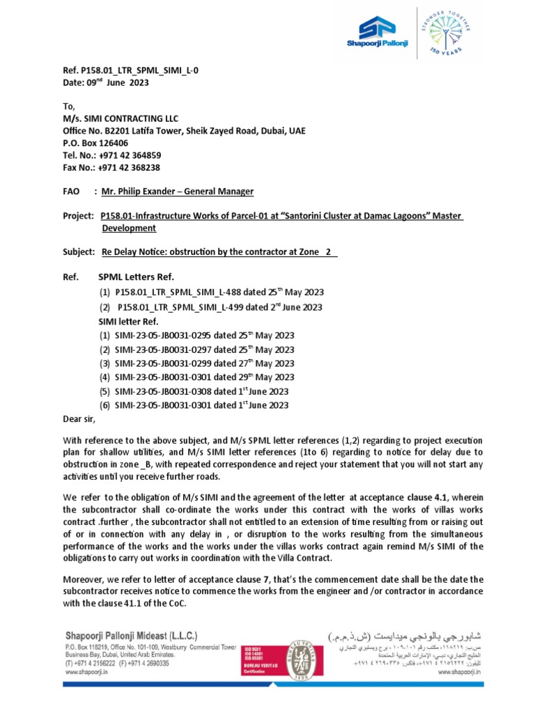 Delay Notice for Santorini Project | PDF | Business | Contract Law