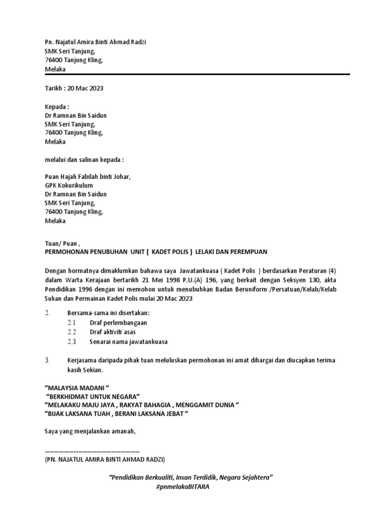 Surat Permohonan Penubuhan Unit Koku 2023 | PDF