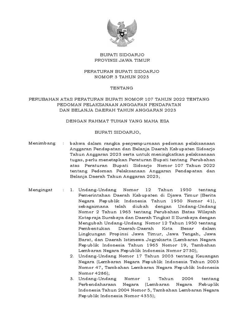 Peraturan Bupati Nomor 3 Tahun 2023 TTG Perubahan Atas Perbup No 107 Tahun 2022 TTG Pedoman ...