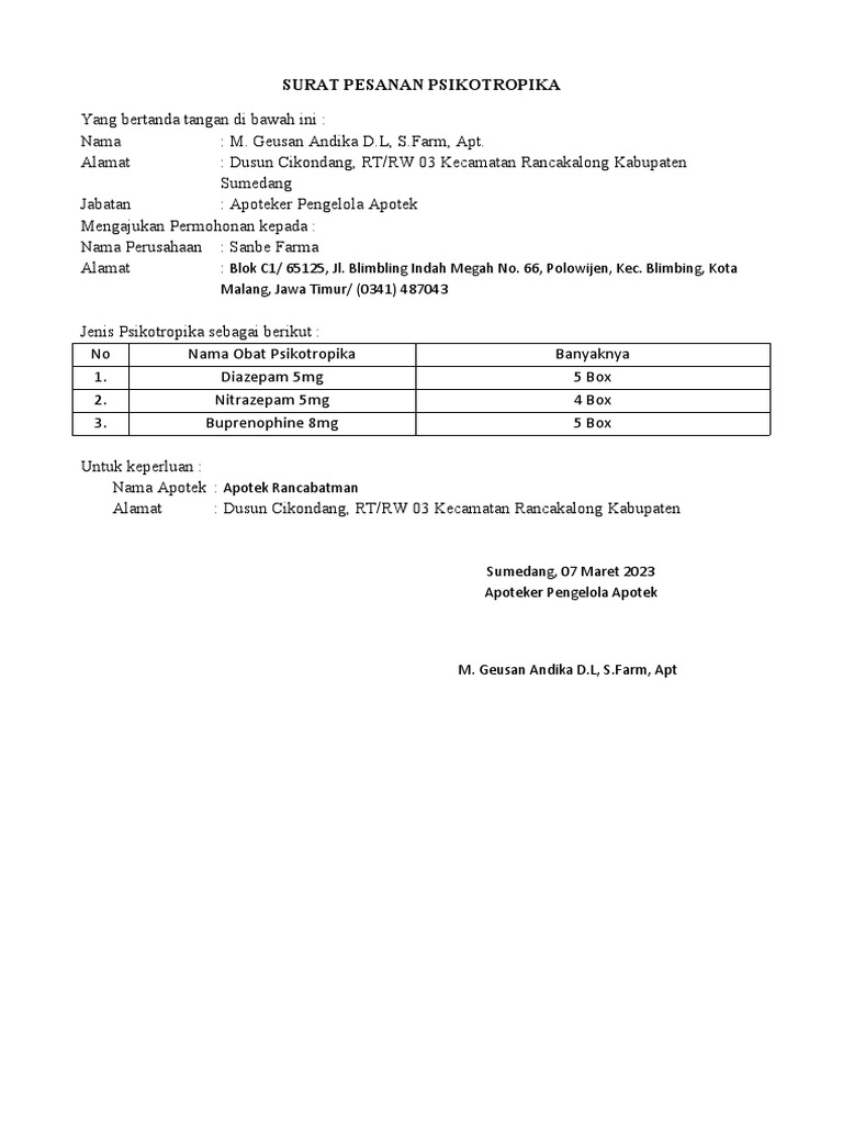 Surat Pesanan Psikotropika | PDF