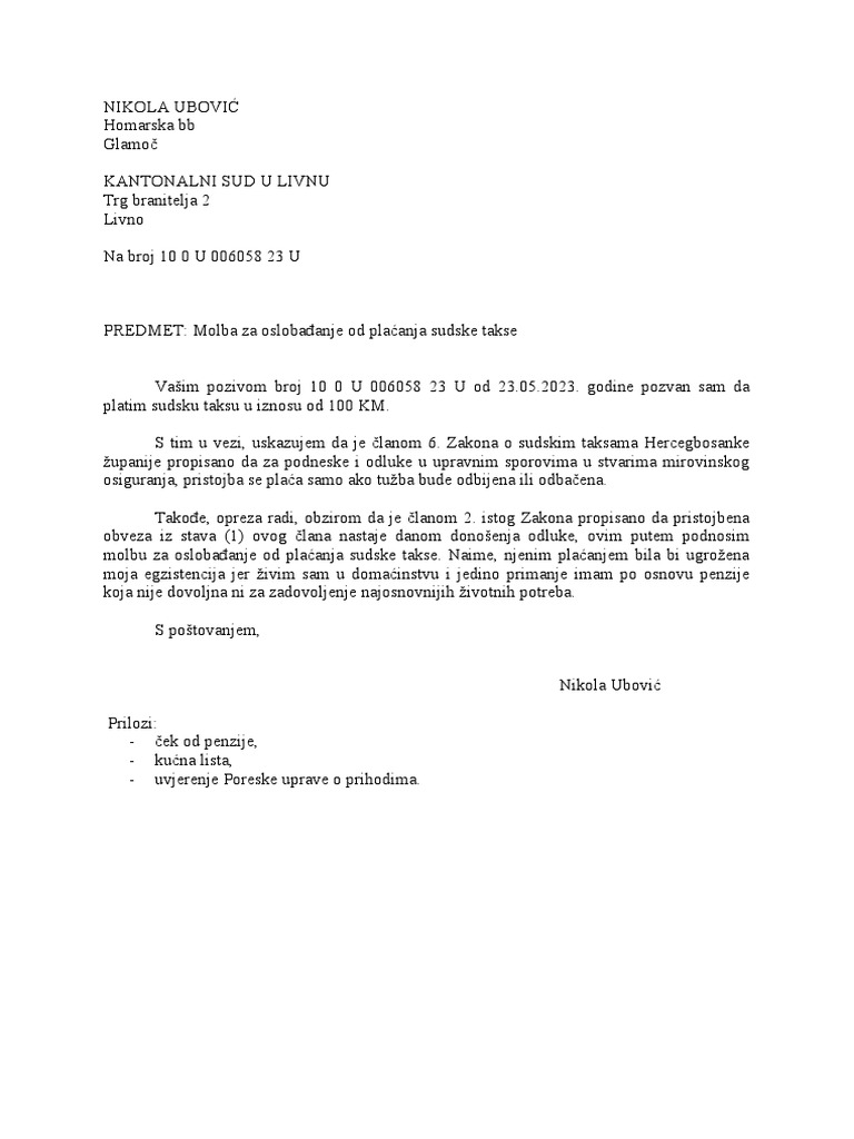 Molba Za Oslobađanje Od Sudske Takse | PDF