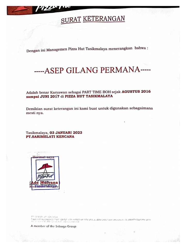 Surat Keterangan Kerja - Asep Gilang Permana | PDF