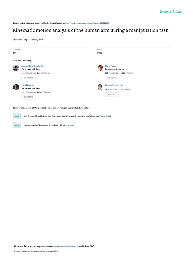 Kinematic Motion Analysis Of The Human Arm During A Manipulation Task Pdf Kinematics Arm