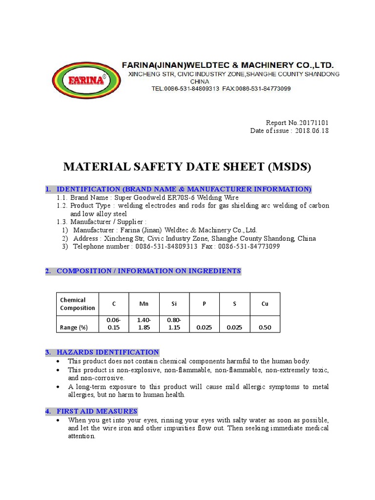 MSDS Er70s-6 | PDF | Welding | Construction